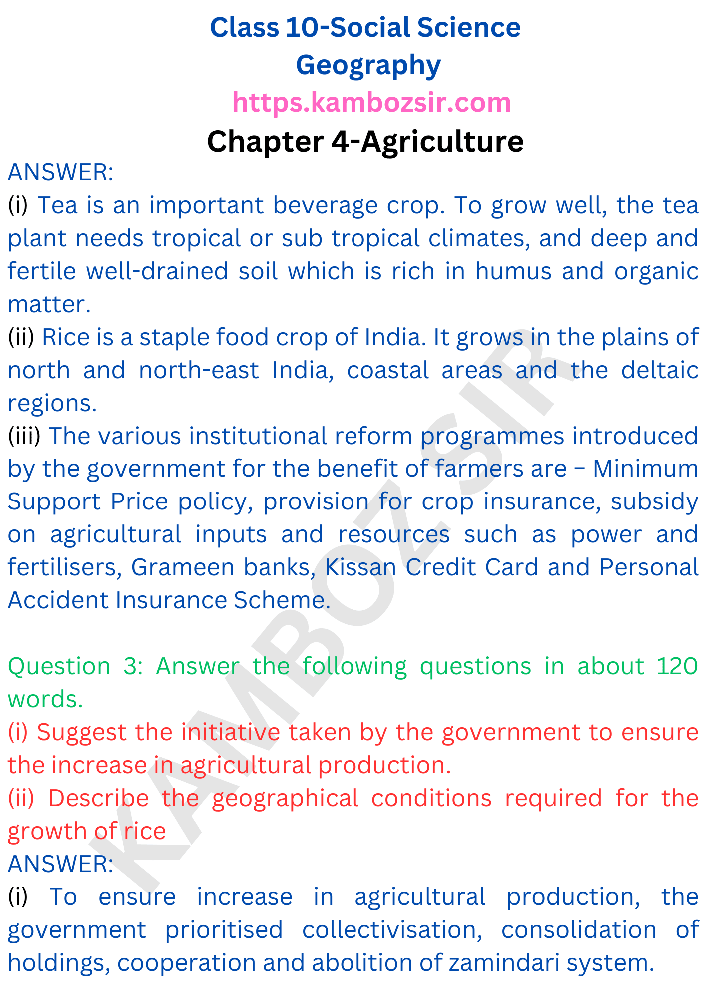 Class 10 Social Science Chapter 4-Agriculture Solution - kamboz sir