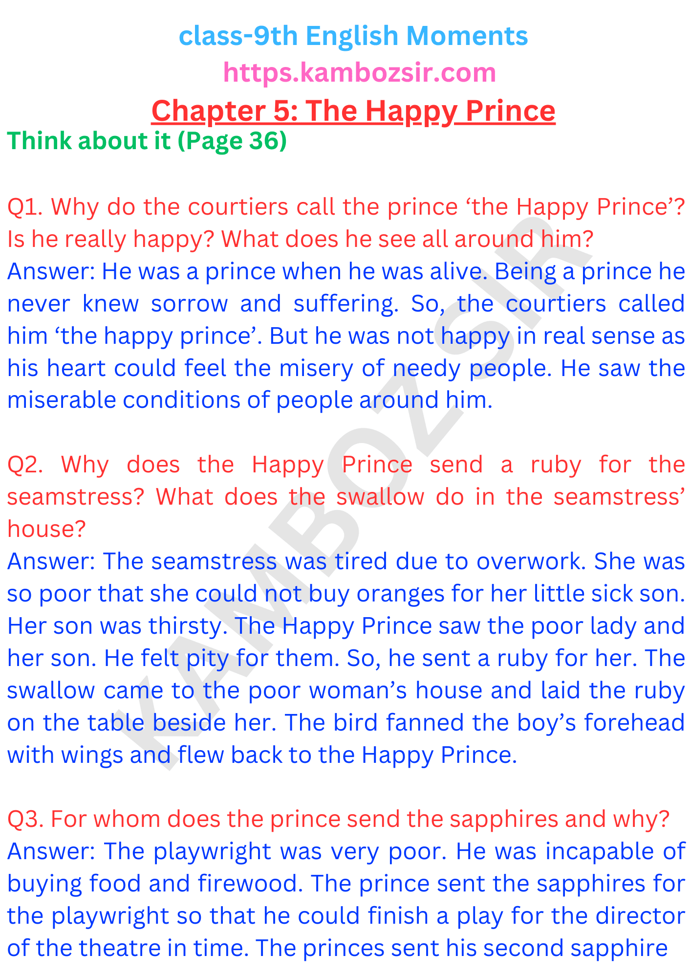 Class 9th Moments Chapter 5 The Happy Prince Solution - kamboz sir