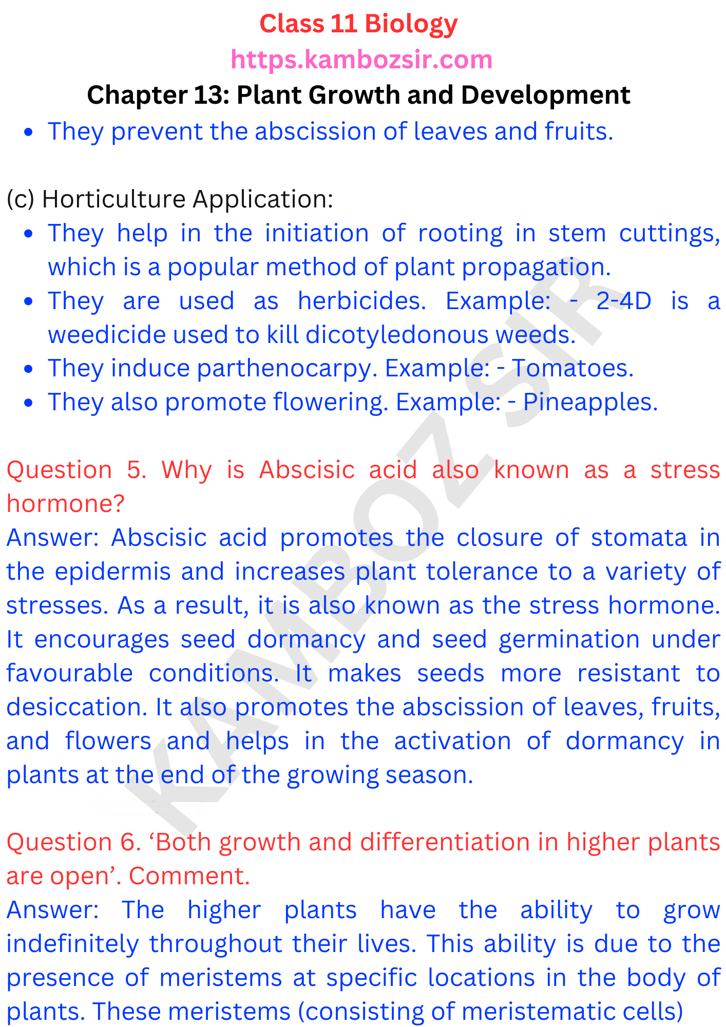 Class 11th Biology Chapter 13 Plant Growth and Development Solution ...