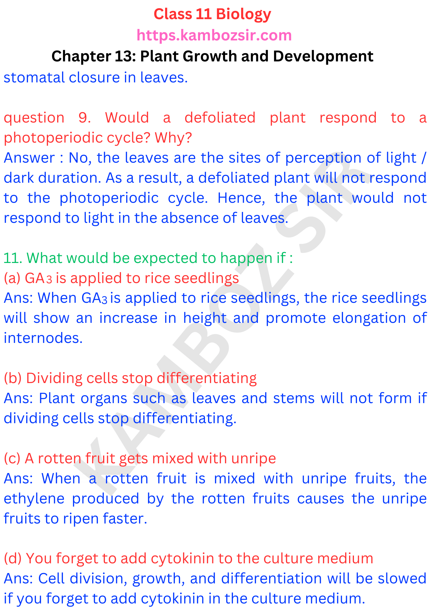 Class 11th Biology Chapter 13 Plant Growth and Development Solution ...