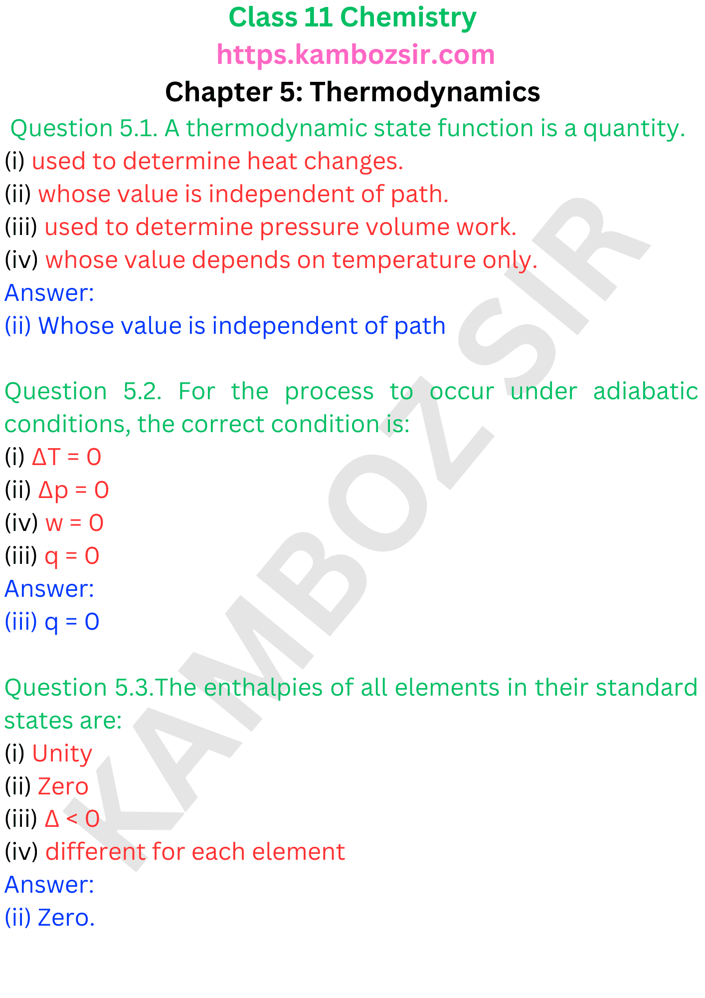 Class 11th Chemistry Chapter 5: Thermodynamics Solution - kamboz sir