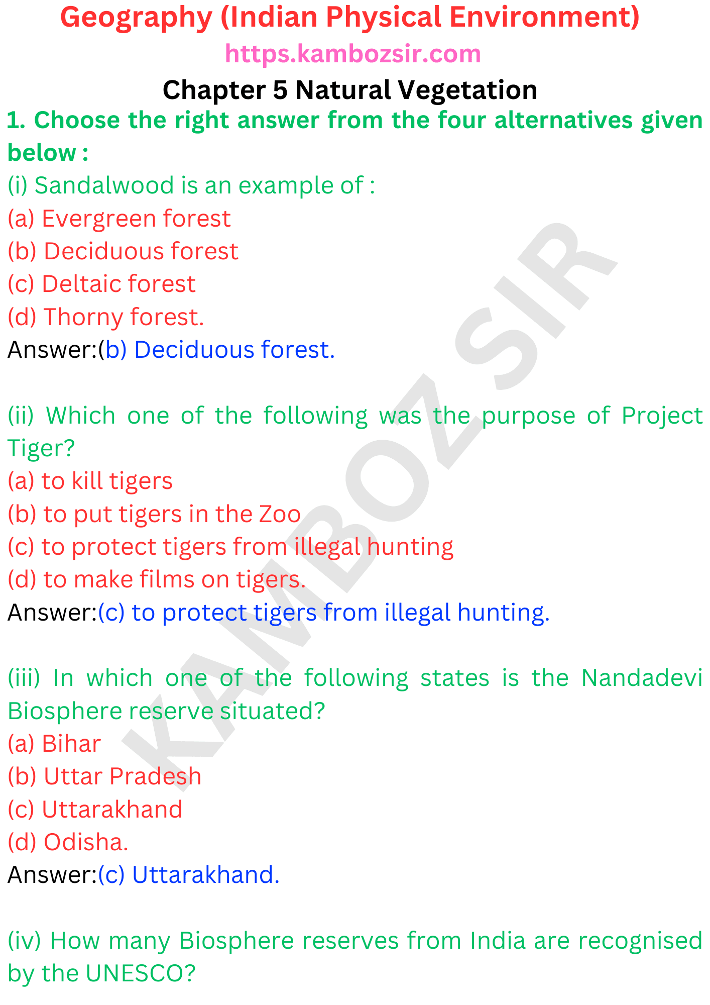Class 11 Geography Chapter 5 Natural Vegetation Solution - kamboz sir