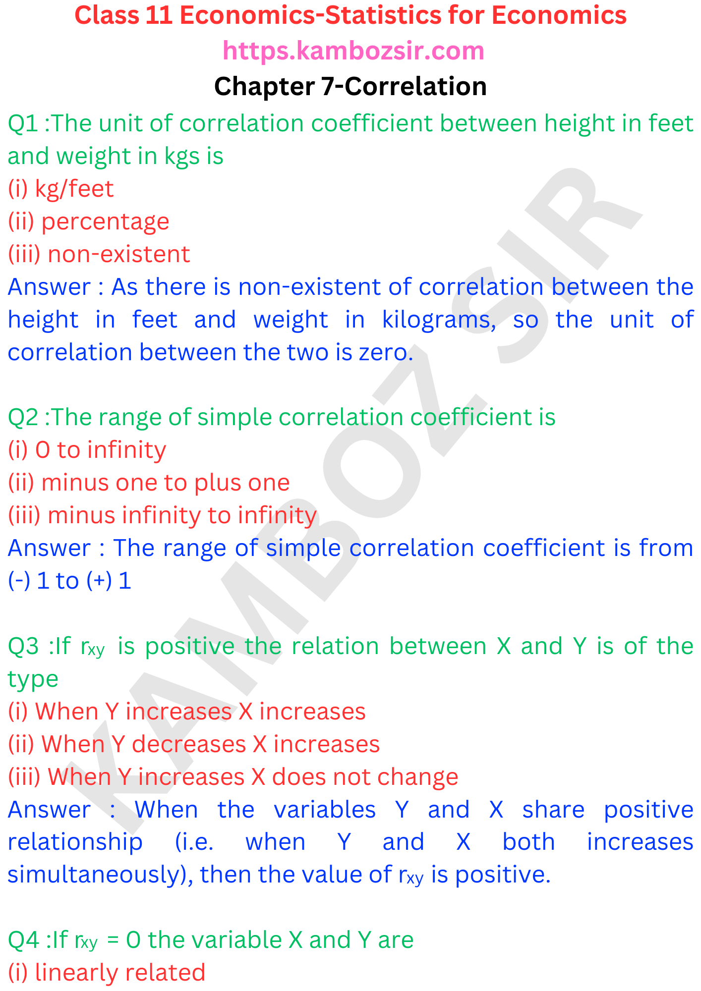 Class 11 Economics Chapter 7-Correlation Solution - kamboz sir