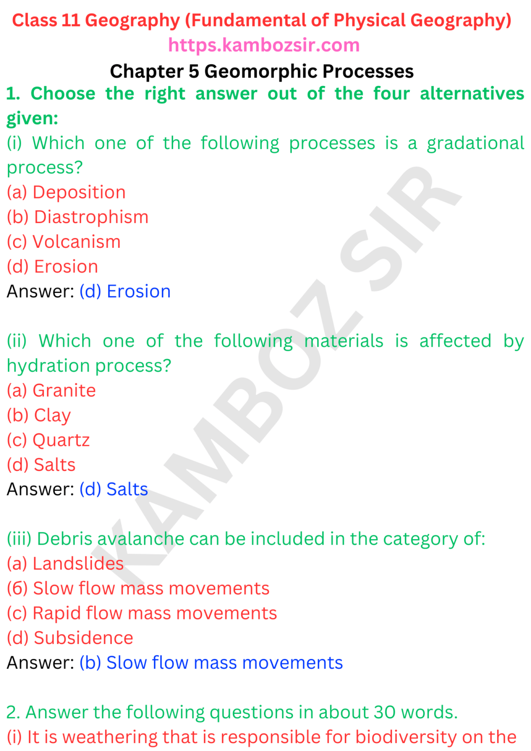 Class 11 Geography Chapter 5 Geomorphic Processes Solution - kamboz sir