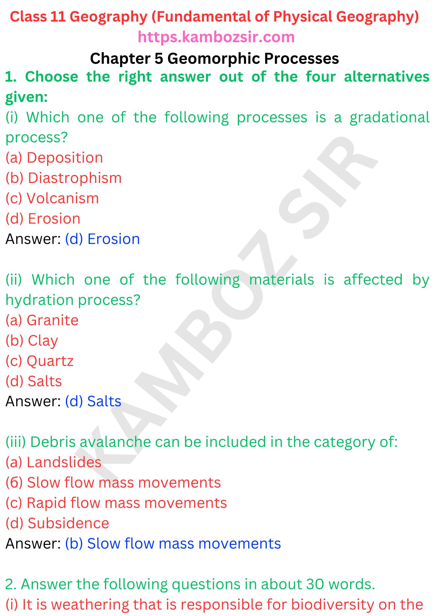 Class 11 Geography Chapter 5 Geomorphic Processes Solution - kamboz sir
