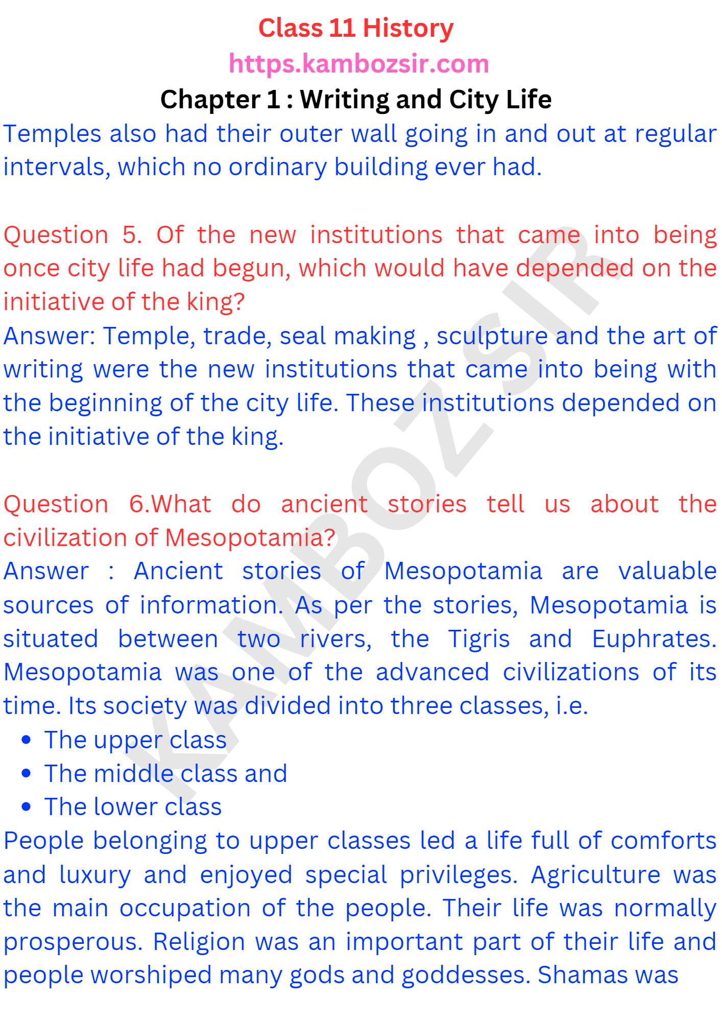 Class 11th History Chapter 1 Writing and City Life Solution - kamboz sir
