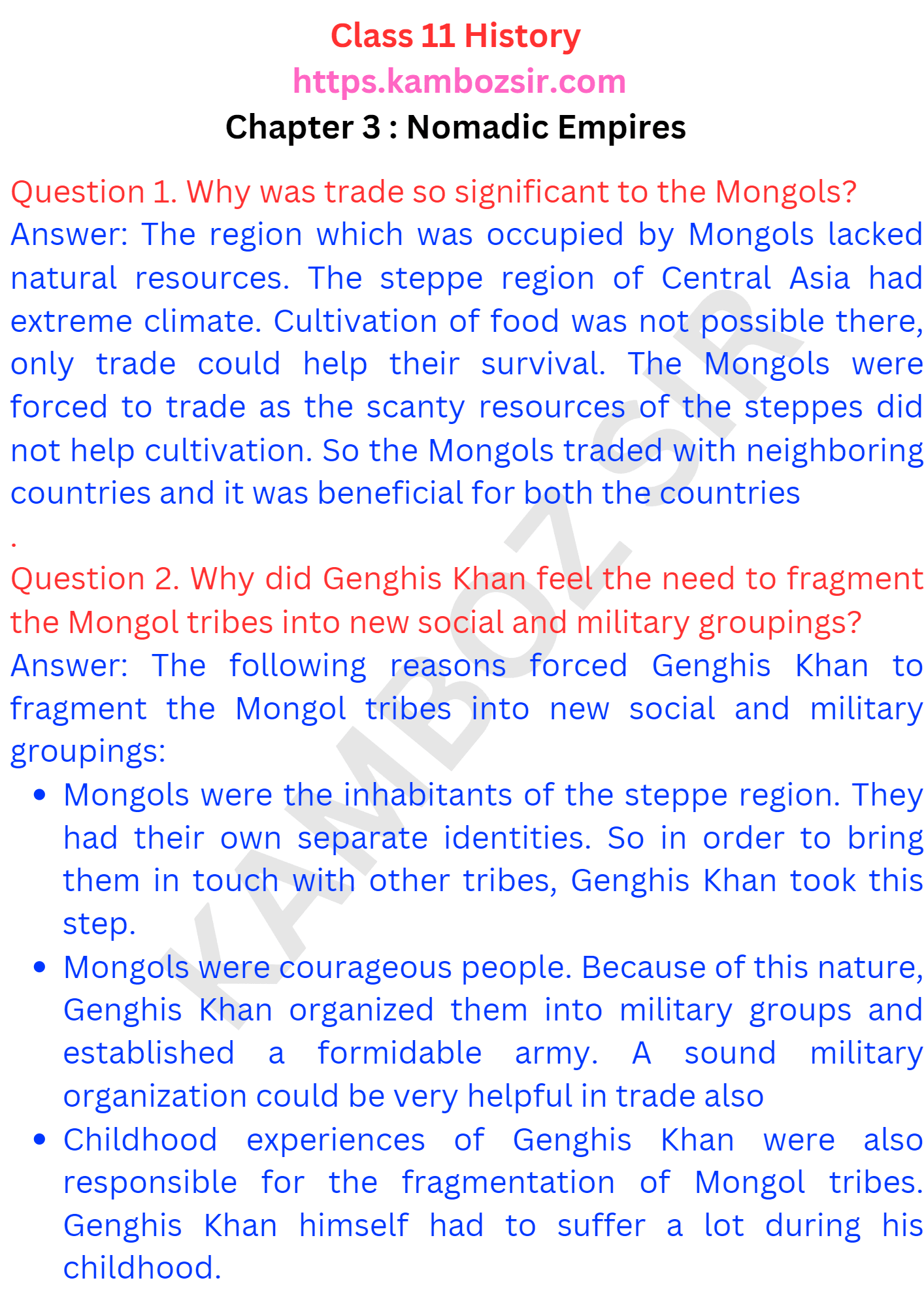 Class 11th History Chapter 3 Nomadic Empires Solution - kamboz sir