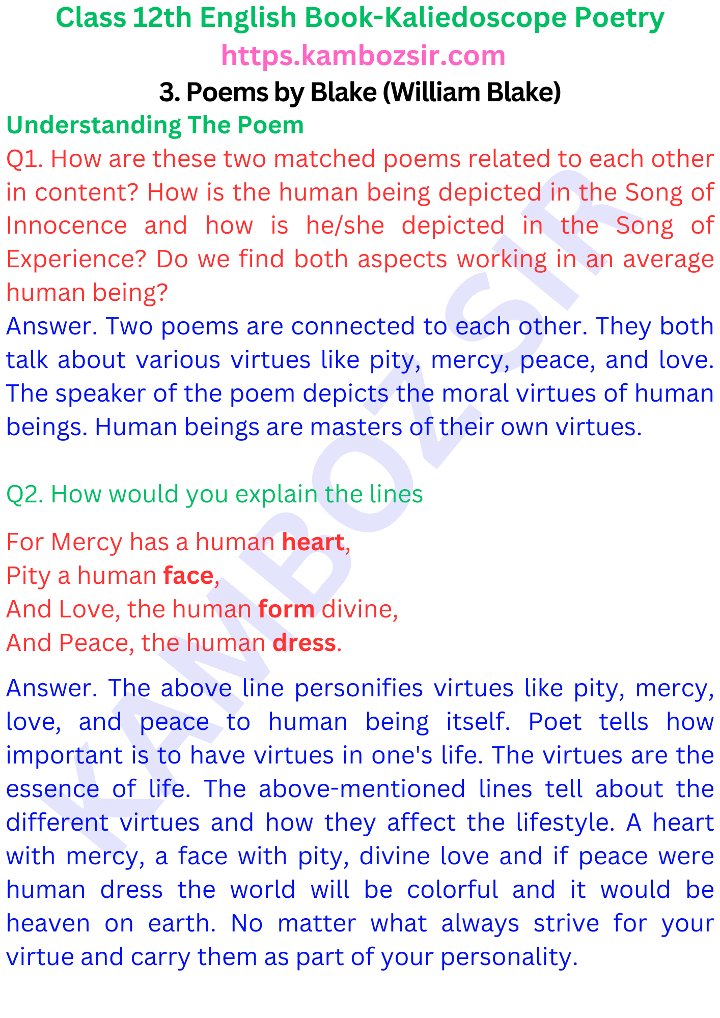 Class 12 Kaliedoscope Book 3. Poems by Blake (William Blake) Solution ...