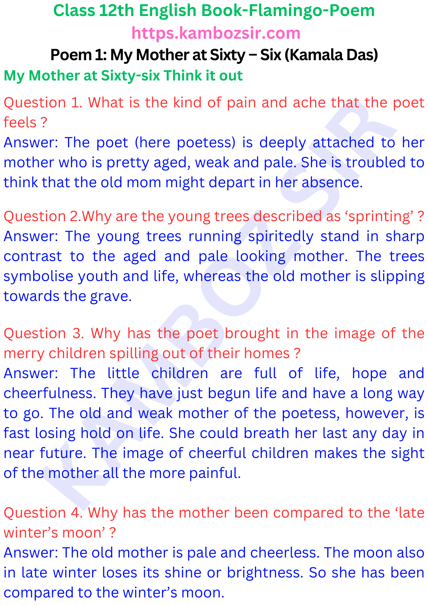 Class 12 flamingo Book Poem 1: My Mother at Sixty Six (Kamala Das ...