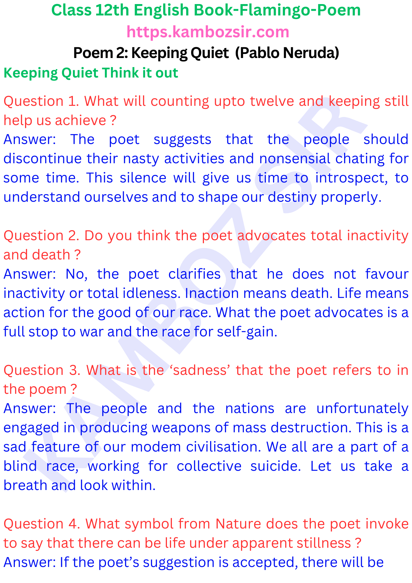 Class 12 flamingo Book Poem 2: Keeping Quiet (Pablo Neruda) Solution ...